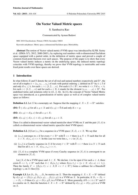 Pdf On Vector Valued Metric Spaces