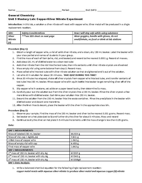 16 Unit 5 Mastery Lab Copper Silver Nitrate Name