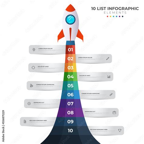 List Diagram With 10 Number Points Of Step Sequence Colorful Rocket Launch Startup