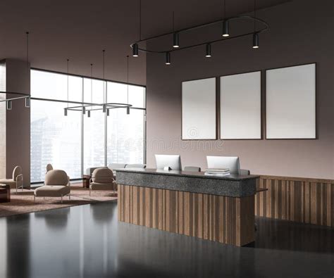 Beige Office With Reception And Posters Stock Illustration
