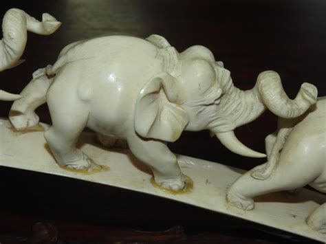 Lot Carved Ivory Figure Of Seven Elephants On Tusk