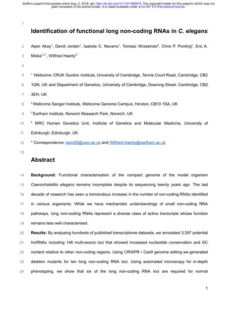 pdf identification of functional long non coding rnas in c elegans