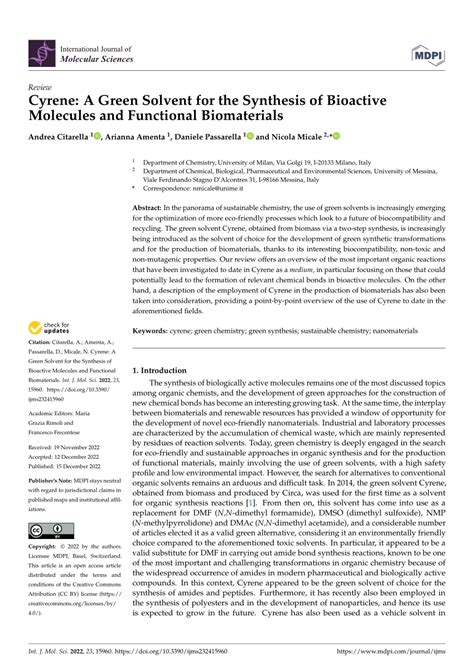 Pdf Cyrene A Green Solvent For The Synthesis Of Bioactive Molecules
