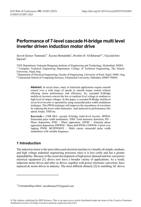 Pdf Performance Of 7 Level Cascade H Bridge Multi Level Inverter Driven Induction Motor Drive