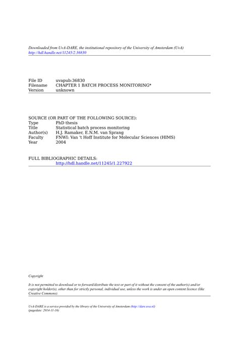Pdf Statistical Batch Process Monitoring