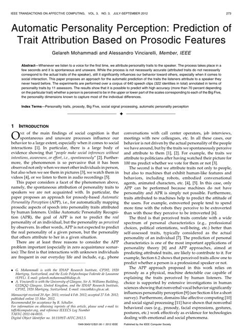 Pdf Automatic Personality Perception Prediction Of Trait Attribution Based On Prosodic Features