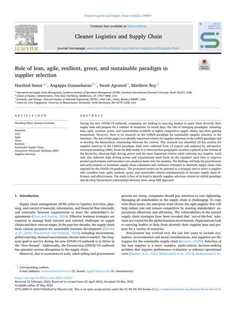 Pdf Role Of Lean Agile Resilient Green And Sustainable Paradigm In Supplier Selection