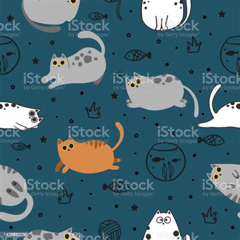 귀여운 만화 고양이와 원활한 패턴 직물 섬유 벡터 일러스트 레이 션에 적합 0명에 대한 스톡 벡터 아트 및 기타 이미지 0명