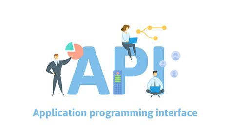 api 응용 프로그램 프로그래밍 인터페이스 사람 문자 및 아이콘이 있는 개념입니다 플랫 벡터 그림입니다 흰색 배경에 격리