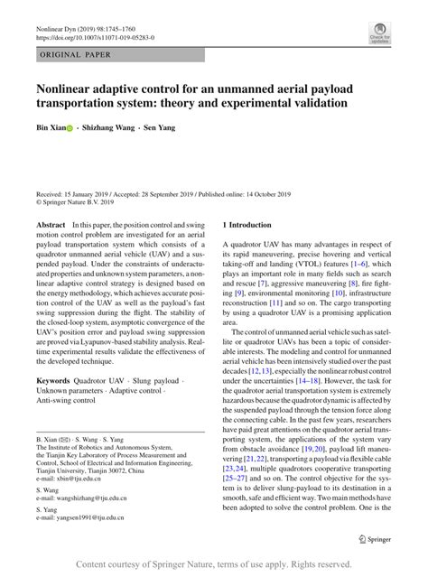 Nonlinear Adaptive Control For An Unmanned Aerial Payload Transportation System Theory And
