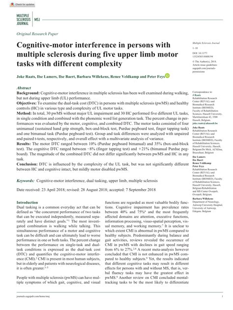 Pdf Cognitive Motor Interference In Persons With Multiple Sclerosis During Five Upper Limb