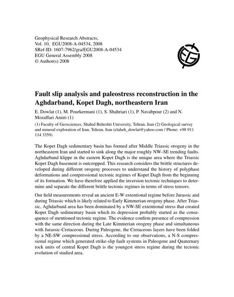 Pdf Fault Slip Analysis And Paleostress Reconstruction In The Aghdarband Kopet Dagh