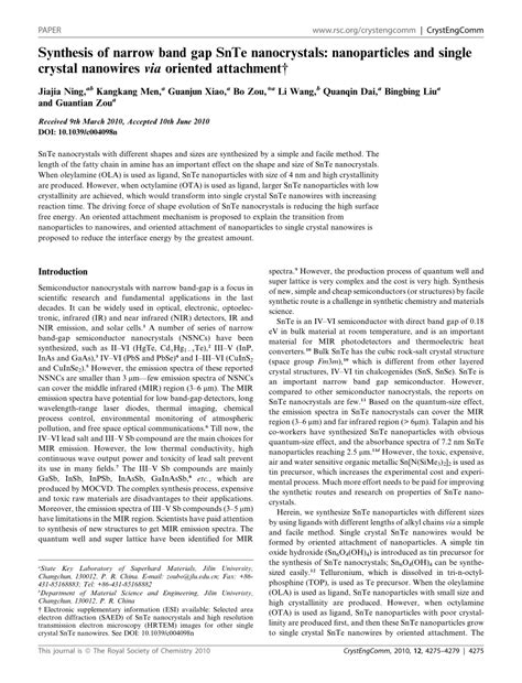 Pdf Synthesis Of Narrow Band Gap Snte Nanocrystals Nanoparticles And Single Crystal Nanowires