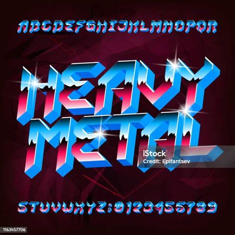 3d 헤비 메탈 알파벳 글꼴입니다 80 년대 스타일의 금속 효과 빛나는 문자와 숫자 컴퓨터 글자에 대한 스톡 벡터 아트 및 기타