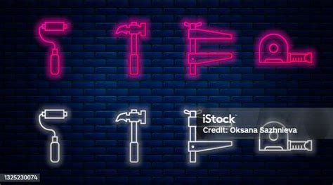 세트 라인 발톱 망치 클램프 도구 페인트 롤러 브러시 및 룰렛 구조 벽돌 벽에 빛나는 네온 아이콘 벡터 갈고리 발톱에 대한 스톡