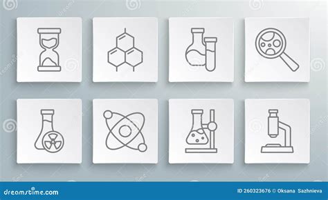 Set Line Test Tube With Toxic Liquid Chemical Formula Atom Flask On Stand Microscope
