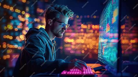 Premium Photo Man Using Modern Computer Surfing Internet Futuristic Metaversedigital