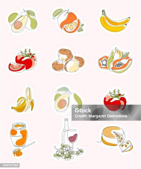 1 라인 연속 12 라인 열대 과일과 유기농 농장 야채 아보카도 오렌지 바나나 토마토 감자 파파야 꿀 와인 치즈 식료품 점 야채 가게에 대한 디자인 요소 벡터 그림입니다