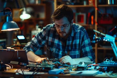 Um programador masculino cria robótica uma placa arduino controla servo
