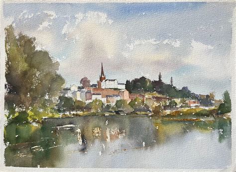 Anthony Avery British Impressionist Watercolor Of Riverside Town With