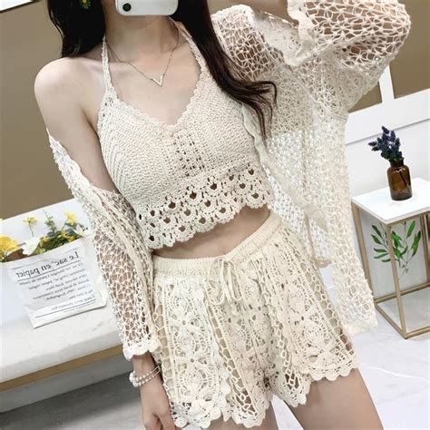 몸매커버 오픈 백 레이스 탱크 탑 캐주얼 반바지 레이스 선 스크린 셔츠 섹시글램 비키니 쓰리 피스 세트 신혼여행