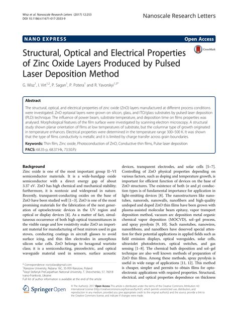 Pdf Structural Optical And Electrical Properties Of Zinc Oxide Layers Produced By Pulsed