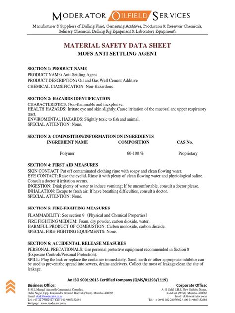 Material Safety Data Sheet Mofs Anti Settling Agent Pdf Personal Protective Equipment Water