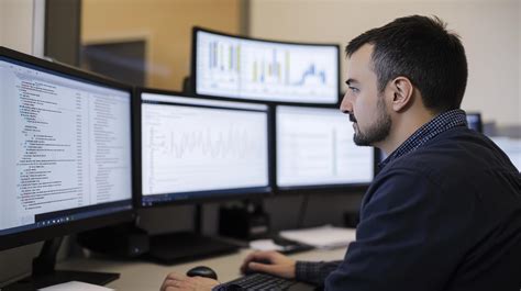 Man Analyzing Data On Multiple Computer Screens A Deep Dive Into