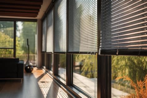 Premium Ai Image Closeup Of Automated Blinds With View Of The Outdoors Visible Behind Them