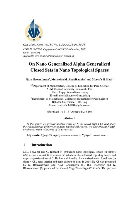 Pdf On Nano Generalized Alpha Generalized Closed Sets In Nano Topological Spaces