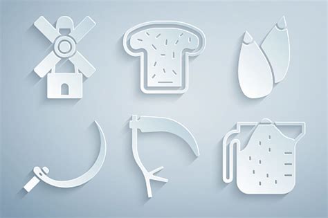 낫 씨앗 낫 측정 컵 빵 토스트와 풍차 아이콘을 설정합니다 벡터 3차원 형태에 대한 스톡 벡터 아트 및 기타 이미지 3차원 형태 건강한 생활방식 곡초류 Istock