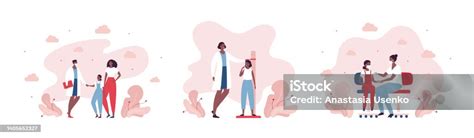 의사 및 환자 소아과 의사 건강 관리 개념 벡터 플랫 피플 일러스트 레이 션 세트 여성 아프리카 계 미국인 어머니 딸 및 간호사 캐릭터 높이 측정 회의 및 백신 촬영