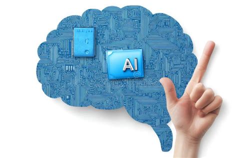 Blue Brain Illustration Embedded Ai Circuits Pointing Hand Symbolizing