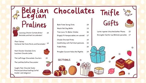 Playful Belgian Chocolate Shop Menu Featuring Whimsical Illustrat Menu