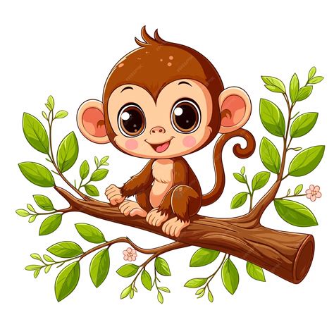милая обезьяна прорвалась на вектор мультфильма о дереве на белом фоне Премиум векторы