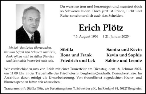 Traueranzeigen Von Erich Plötz Wirtrauern