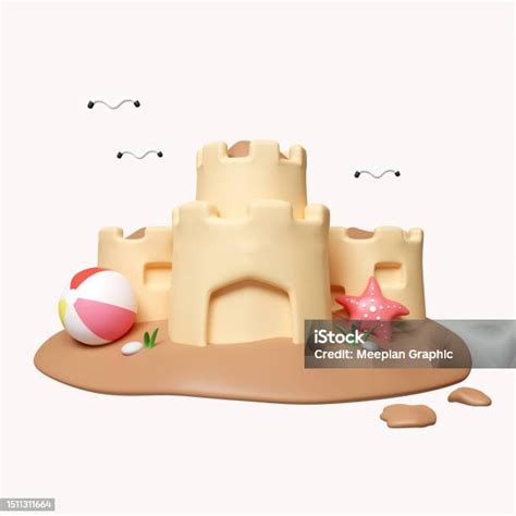 3d 모래성 요새 또는 타워 불가사리 및 공이 있는 요새 여름 방학 여행 어린이 어린이 레저 재미 놀이 아이콘은 흰색 배경에 분리되어 있습니다 3d 렌더링 그림입니다 클리핑