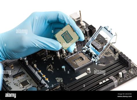 Computer Technician Wearing Blue Gloves Installing Cpu Into Motherboard