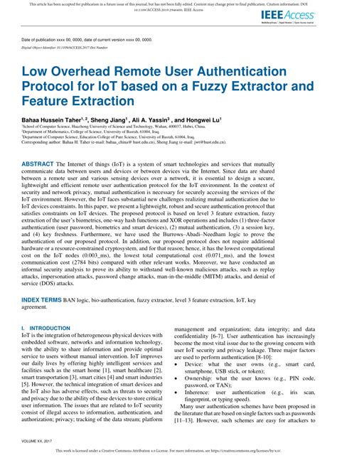 pdf low overhead remote user authentication protocol for iot based on a fuzzy extractor and
