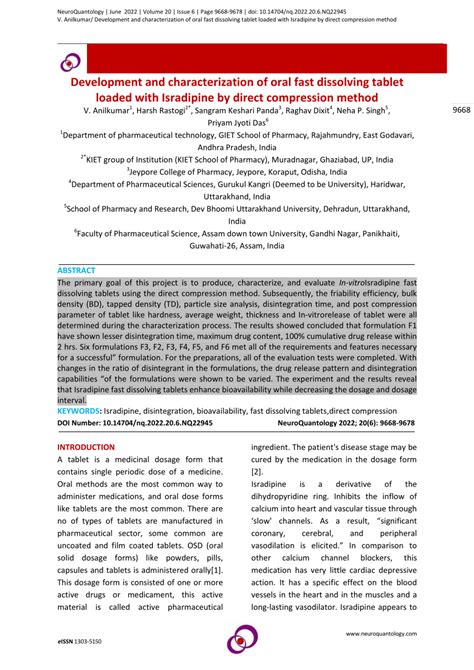 Pdf Development And Characterization Of Oral Fast Dissolving Tablet Loaded With Isradipine By