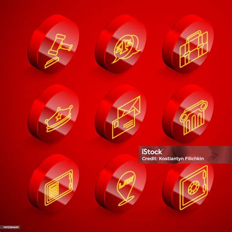 세트 라인 판사 망치 정의의 비늘 서류 가방 코케이드가 있는 경찰 모자 봉투 법률 기둥 금고 및 위치 법률 아이콘 벡터 3차원 형태에 대한 스톡 벡터 아트 및 기타 이미지