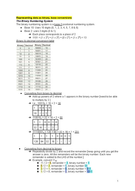 110 Test Notes Representing Data As Binary Base Conversions The