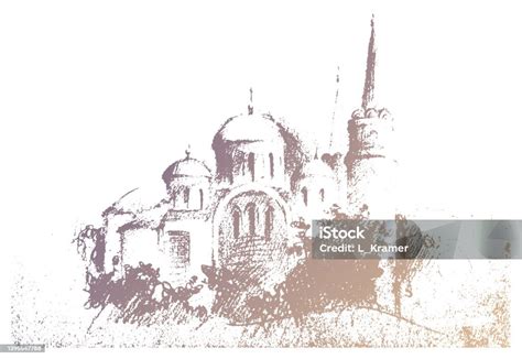 벡터는 손으로 그린 풍경 연필 스케치 체르니히프의 변형 중세 건물 대성당을 추적합니다 흰색 배경에 골드 그라디언트 스케치 그리스 문화에 대한 스톡 벡터 아트 및 기타 이미지