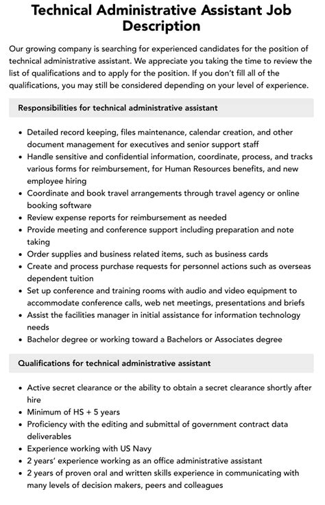Technical Administrative Assistant Job Description Velvet Jobs