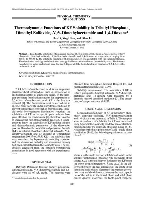 Thermodynamic Functions Of Kf Solubility In Tributyl Phosphate Dimethyl Sulfoxide N