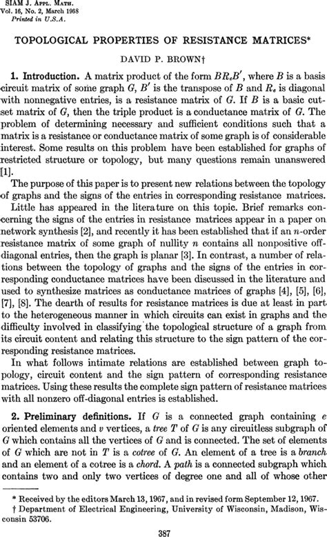 Topological Properties Of Resistance Matrices Siam Journal On Applied Mathematics