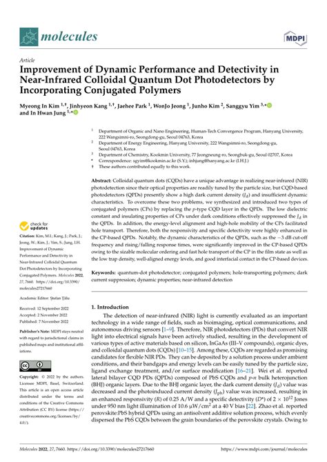 Pdf Improvement Of Dynamic Performance And Detectivity In Near Infrared Colloidal Quantum Dot