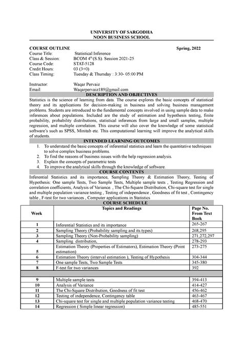 Weekly Plan Statistical Inference 4th S University Of Sargodha Noon Business School Course