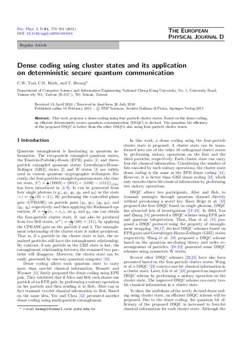 Pdf Dense Coding Using Cluster States And Its Application On Deterministic Secure Quantum