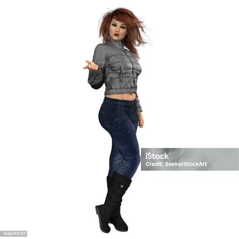 고립 된 흰색 배경에 긴 빨간 바람이 부는 머리카락을 가진 청바지의 현대 여성 3d 렌더링 3d 일러스트 레이 션 긴에 대한 스톡 사진 및 기타 이미지 Istock